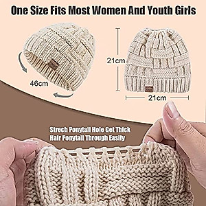 Alepo Womens High Messy Bun Beanie Hat with Ponytail Hole, Winter Warm Trendy Knit Ski Skull Cap (Black)