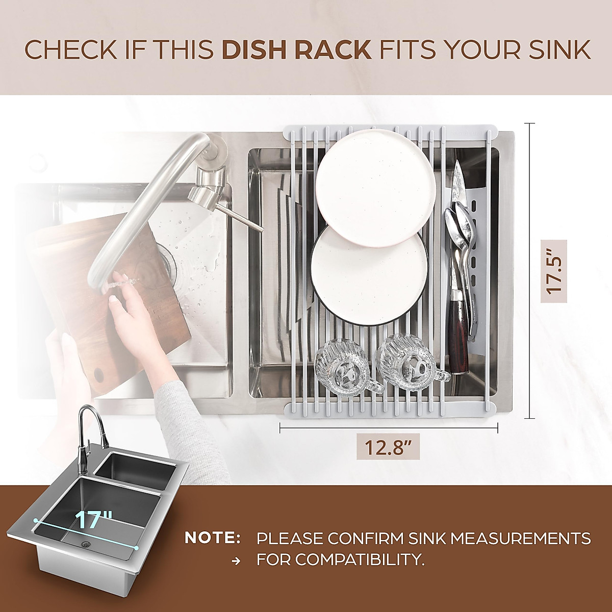 BELLE TERRE Roll Up Dish Drying Rack for Kitchen Sink - 17.5" x 12.8" - Silicone Roll-Up Dish Rack with Utensil Tray - Roll Out Dish Drying Rack Over Sink - Solid Steel Construction