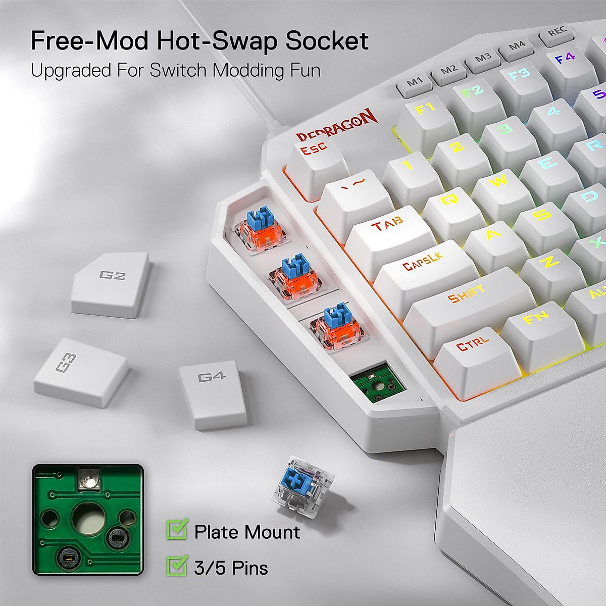 Redragon K585 DITI One-Handed RGB Mechanical Gaming Keyboard, 42 Keys Type-C Professional Gaming Keypad w/Upgraded Hot-Swappable Socket, 7 Onboard Macro Keys & Detachable Wrist Rest
