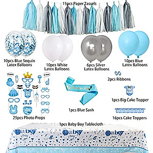 Baby Shower Decorations for Boy kit - Boy Baby Shower Banner,Foil balloons,Cake Toppers, Sash, Balloons, Paper Lanterns, Honeycombs, Tissue Paper Fans, Tassels,Blue Grey White