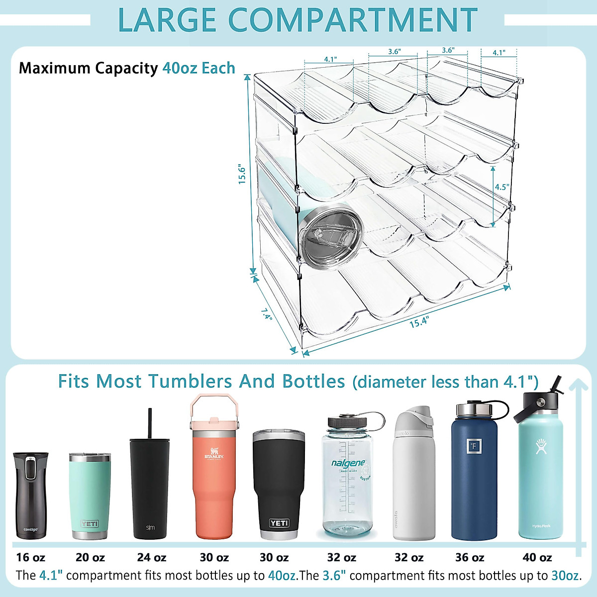 4 Pack Water Bottle Organizer, Large Compartment Stackable Kitchen Pantry Organization and Storage Rack, Plastic Water Bottle Holder for Kitchen Cabinet Organizer and Storage, Tumbler Mug Cup Shelf