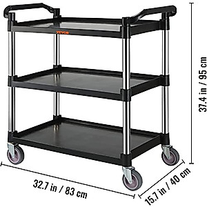 VEVOR Utility Service Cart, 3 Shelf Heavy Duty 154LBS Food Service Cart, Rolling Utility Cart with Lockable Wheels, 32.7" x 15.7" x 37.4" Plastic Utility Cart for Kitchen Office Restaurant Home, Black