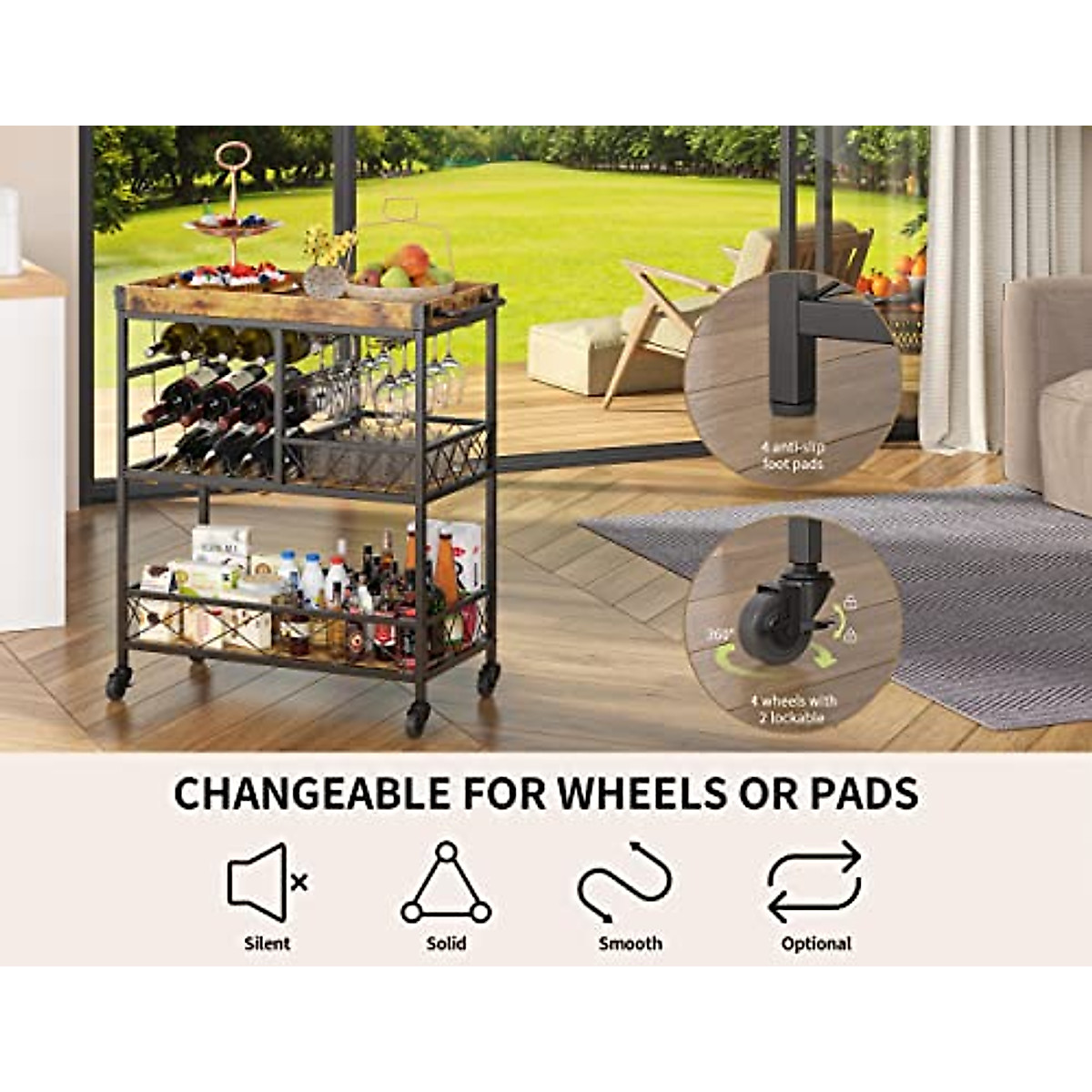 Gizoon 3 Tier 38" Home Bar Serving Cart with Large Storage Space, Mobile Kitchen Storage Trolley with Lockable Wheels, 12 Wine Rack, Glass Holder, Removable Tray (Retro)