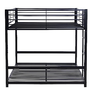 VINGLI Full Over Full Bunk Bed, Low Bunk Bed for Kids Floor Bed Full Size Bunk Bed for Adults,Heavy Duty Metal Slat, No Box Spring Needed, Black