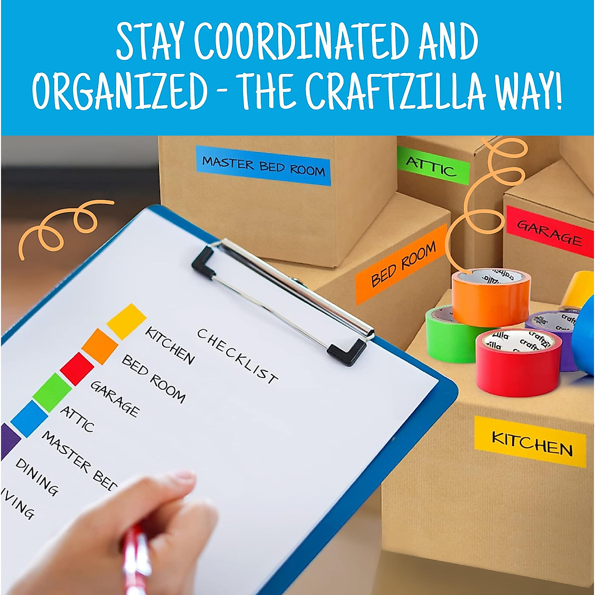 Craftzilla Rainbow Colored Duct Tape — 6 Bright Duct Tape Colors — 10 Yards x 2 Inch — Waterproof Duct Tape — Colored Duct Tape Multipack for Arts — Heavy Duty Duct Tape — Color Duct Tape Rolls