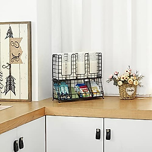 Countertop & Wall Mounted Coffee Condiment Organizer with 2 Removable Dividers, Metal Cup Dispenser Coffee Station Organizer, Stackable Coffee Bar Organizer for Breakroom Office Kitchen