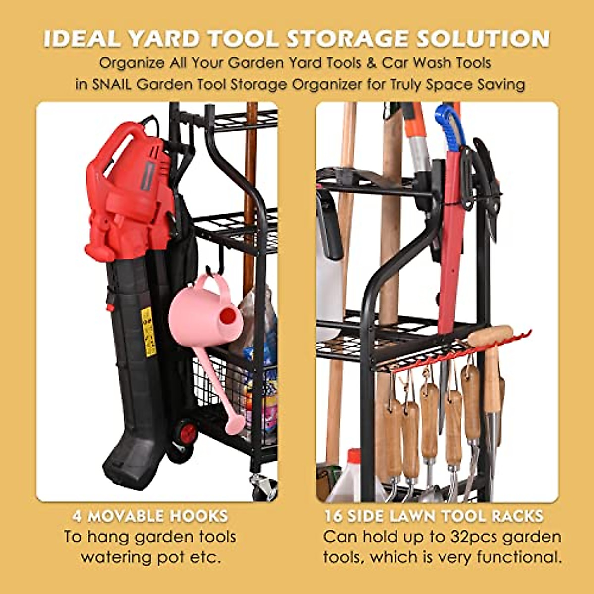 Snail Garden Tool Storage Organizer with Wheels Yard Tool Stand Holder for Garage Lawn and Outdoor, Steel Yard Tool Racks to Store Yard Long Rakes, Brooms, Mops and Buckets, Garden Tool Rolling Cart