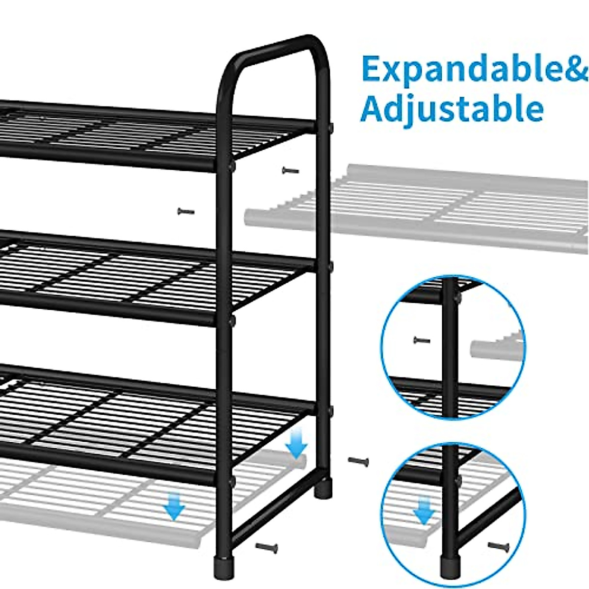 Simple Trending 3-Tier Stackable Shoe Rack, Expandable & Adjustable Shoe Shelf Storage Organizer, Wire Grid, Black