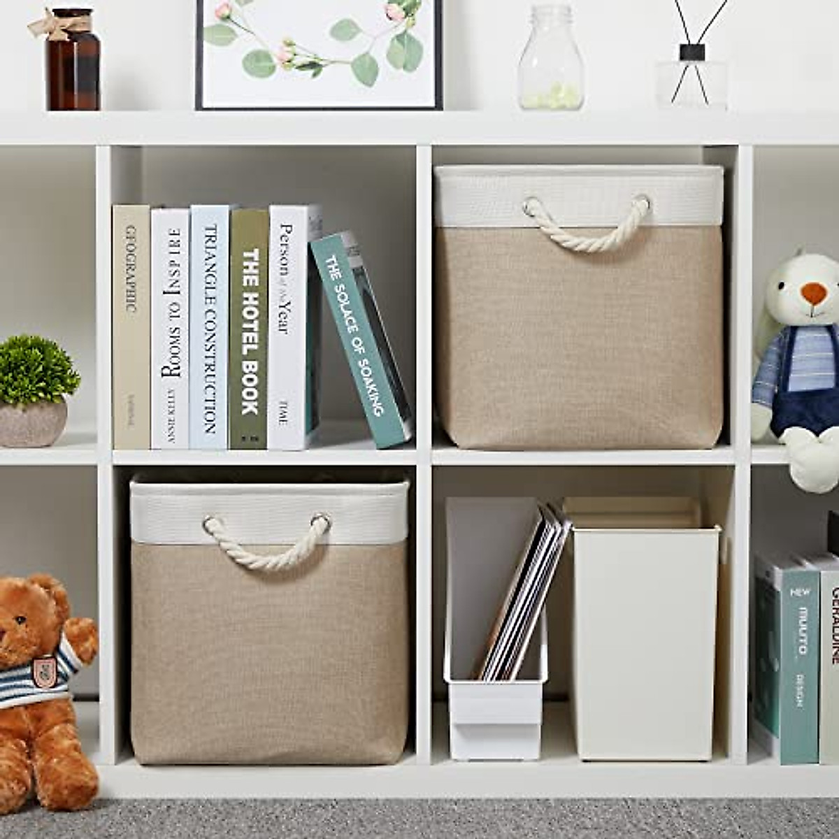 Temary Fabric Storage Baskets Set Of 6 Small Storage Bins Bundled with 2 Pack Decorative Baskets for Storage (White&Khaki, 11.8Lx7.9Wx5.3H Inches, 16Lx12Wx12H inches)