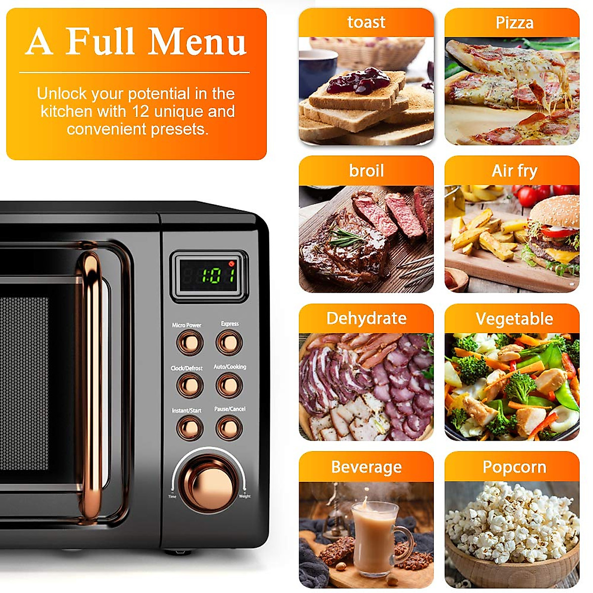 Retro Microwave Oven,Safeplus 0.7Cu.ft, Countertop 700W Microwaves with Cold Rolled Steel Plate 5 Micro Power Defrost & Auto Cooking Function LED Display Glass Turntable and Viewing Window Child Lock