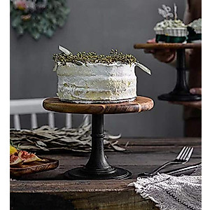 Wood Cake Dessert Stand with Metal Black Matt Base, 8 inches Round Cupcake Holder, Wedding Birthday Party Pedestal Display Plate (Wood, L)