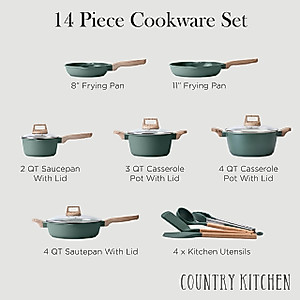 Country Kitchen Pots and Pans Set Nonstick, Cast Aluminum Kitchen Cookware Set with Utensils, 14 Pcs Non Stick Cooking Set w/Frying Pans & Saucepans, Sage