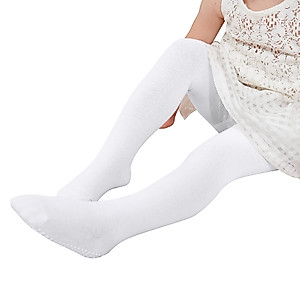Zando Baby Tights for Girls Non Slip Grip Soft Comfortable Cotton Pantyhose Infant Seamless Leggings Toddler Thick Solid Knit Socks Warm Cute Baby Newborn Infant Stockings White L