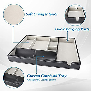 Procase PU Valet Tray for Dad Gift from Son Daughter - Nightstand Organizer EDC Dump Catchall Trays with Phone Charging Station, Dresser Top Entryway Faux Leather Storage Box -Black