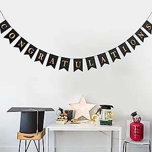 Shimmer Gold Black Congratulations Banner for 2021 Graduatoin Party Decoration Swallowtail Pennant Flags Bunting Hanging Congrats Sign for New Job Promotion Retirement Team Parties- No DIY Needed
