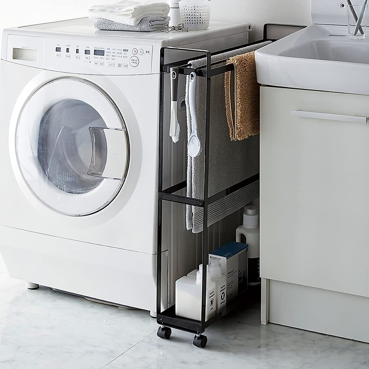 YAMAZAKI home 4293 Towel Rack and Bath Cart-Rolling Bathroom Storage Organizer, One Size, Black