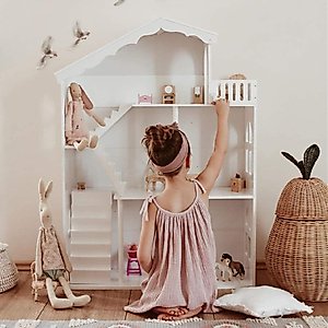 YFDZONE Dollhouse Bookshelf, Wooden Kids Bookshelve Children Doll House Toy Storage 3-Tier Bookcase for Books Gift for Girls Ages 3-7+