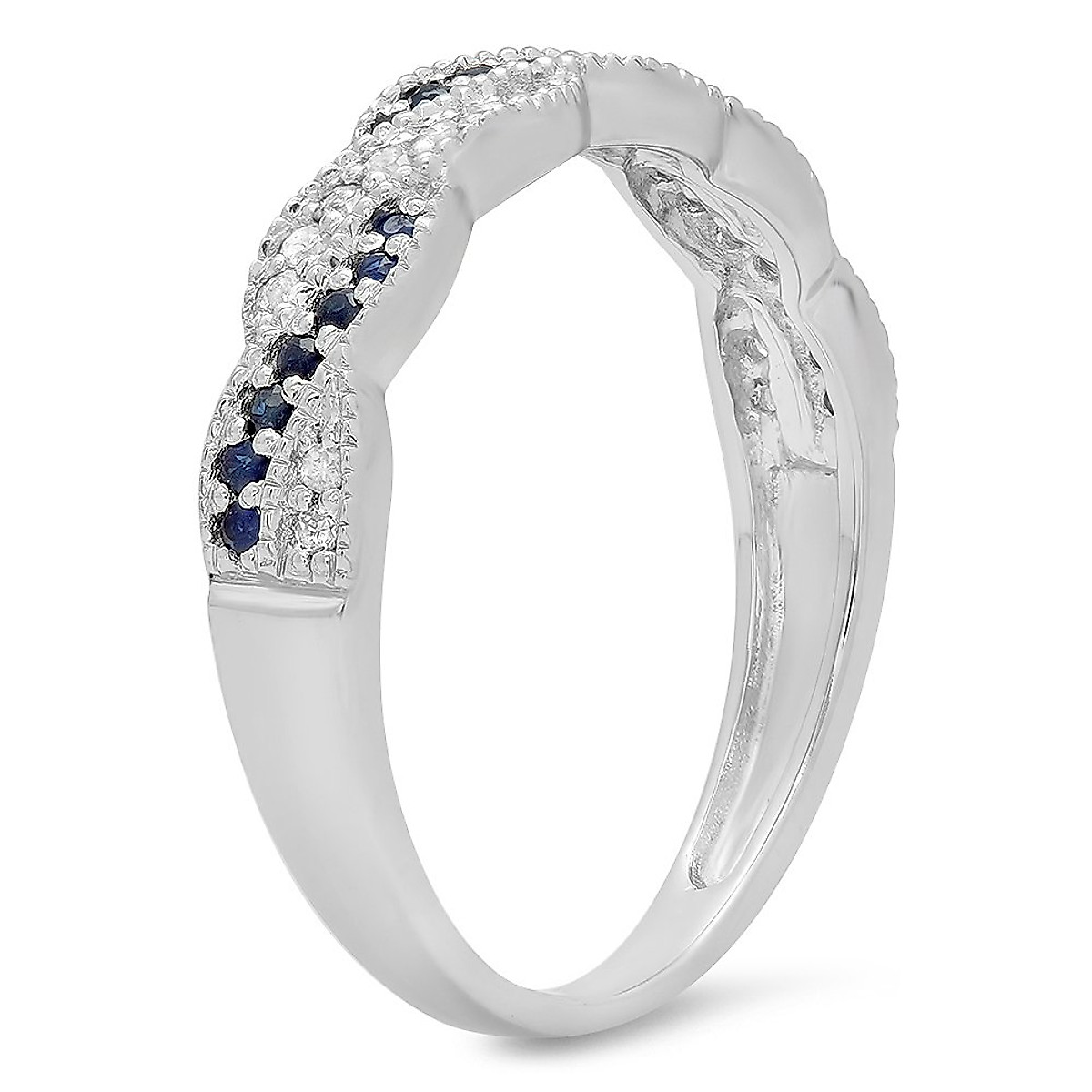 Dazzlingrock Collection 14K Round White Diamond & Blue Sapphire Ladies Anniversary Wedding Band Swirl Ring, White Gold, Size 5.5