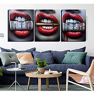 Red Lips Series: 【Bite】-Spray Painting Core Modern Fashion Sexy Red Lips Nordic Style Room Decoration Painting Wall Painting Wall Art Pictures Set of 3（11.8"X15.75"）【No Frame】