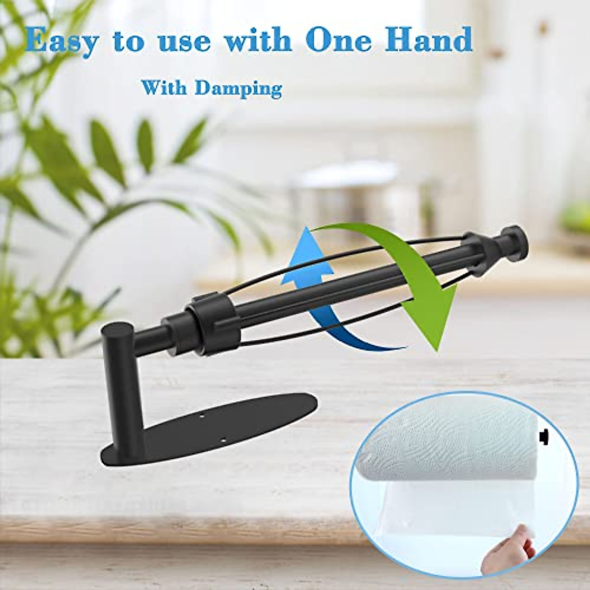 Paper Towel Holder Under Cabinet Wall Mount Paper Towel Holders with Damping Black Stainless Steel Kitchen Under Counter Hanging Paper Towels Rack with Self-Adhesive and Screws