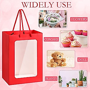50 Pcs Paper Gift Bags with Transparent Window Clear Gift Bags Empty Gift Basket Flower Bag with Handles for Wedding Bridal Shower Thanksgiving Present Festival Party (Red, 10 x 7.1 x 5.1 Inch)