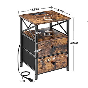 AMHANCIBLE End Table Living Room with Charging Station, Side Table with Fabric Drawer, Small Side Table with USB Ports and Outlets for Small Spaces Rustic Brown and Black HET05XBR1