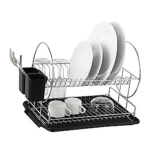 Deluxe Chrome-plated Steel 2-Tier Dish Rack with Drainboard/Cutlery Cup (BlackII)