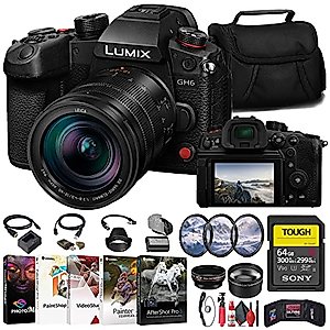 Panasonic Lumix GH6 Mirrorless Camera with 12-60mm f/2.8-4 Lens (DC-GH6LK) + Sony 64GB Tough SD Card + Filter Kit + Wide Angle Lens + Telephoto Lens + Lens Hood + Card Reader + More (Renewed)