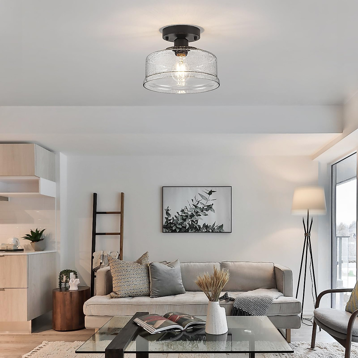 TSMKLEDAN Semi Flush Mount Ceiling Light, Modern Light Fixture Ceiling Mount with Seeded Glass Shade, Black Farmhouse Light Fixtures for Hallway Porch Bedroom Corridor Kitchen