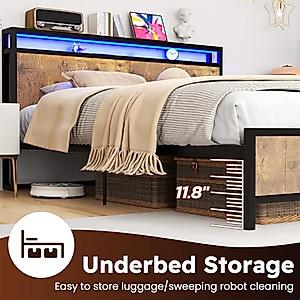 Kiivakii Full Bed Frame with Headboard Storage, LED Platform Bed with USB Ports for Bedroom Farmhouse, Heavy Duty, Wooden Board Decoration, Noise Free No Box Spring Needed, Rustic Brown