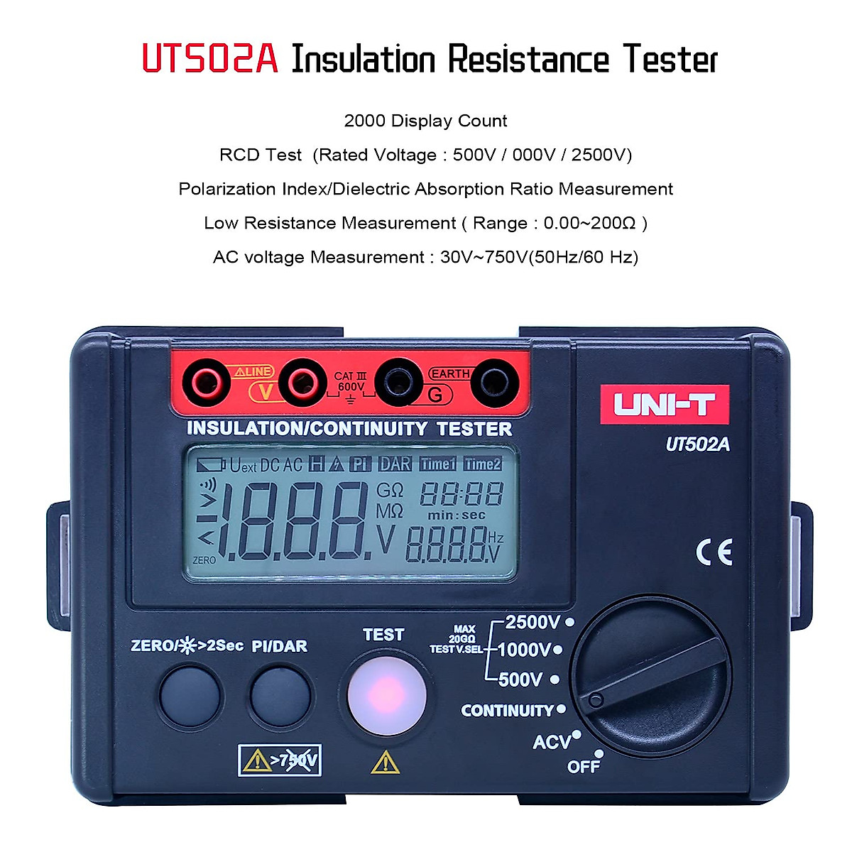 UNI-T 2500V Digital Insulation Resistance Meter Tester Megohmmeter Highly Voltmeter Continuity Tester w/LCD Backlight UT502A