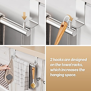 VEHHE Kitchen Towel Rack-2pcs, 12.7-Inches, Over The Door Towel Holder with Eva Foam Pads, Kitchen Towel Holder with 2 Hooks, Stainless Steel Towel Holder for Kitchen Cabinet (Silver)