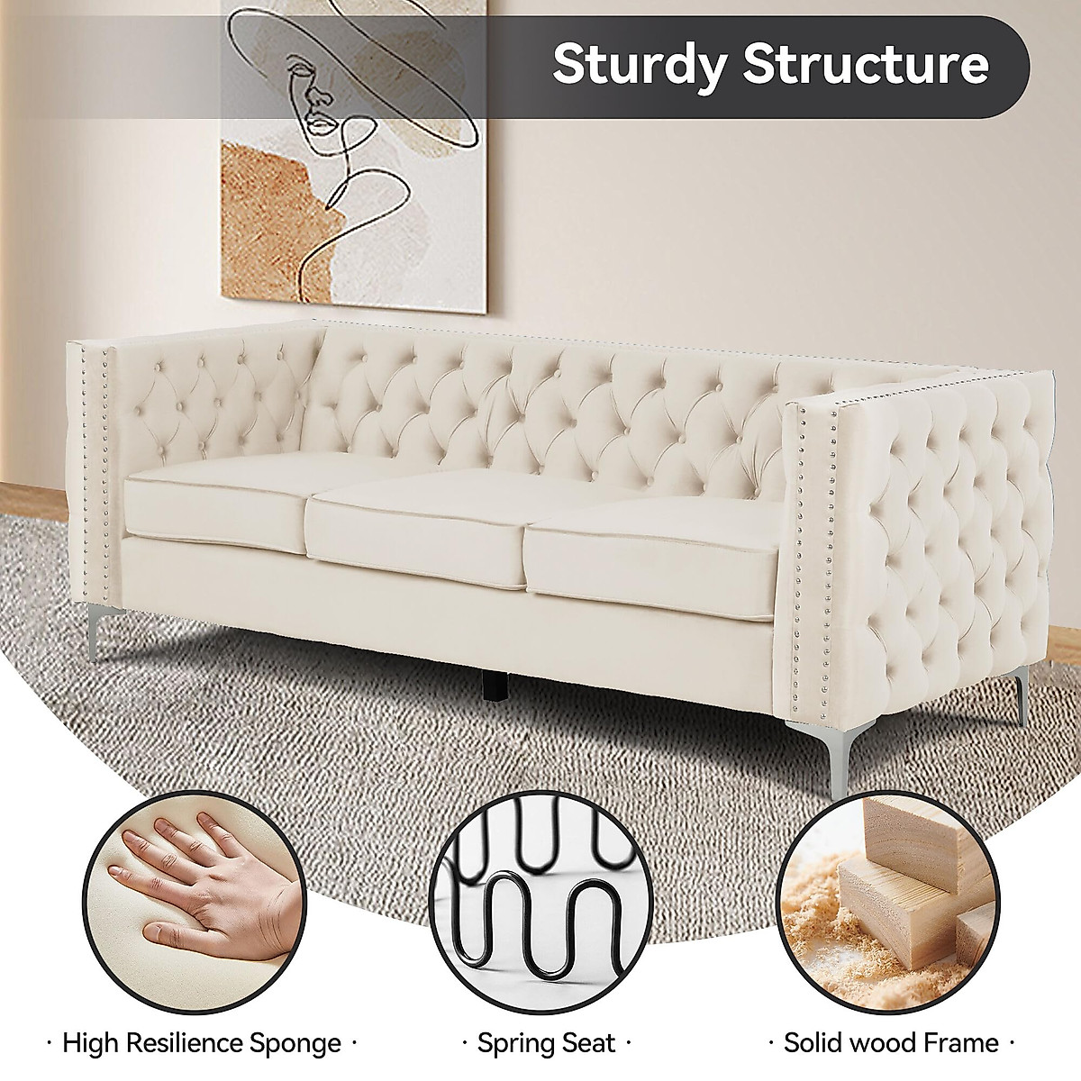 Morden Fort Couches for Living Room, 85“Beige Morden Sofa with Button Tufted, Nailhead Trim, 3-Seater Velvet Sofa for Apartroom, Bedroom, Office