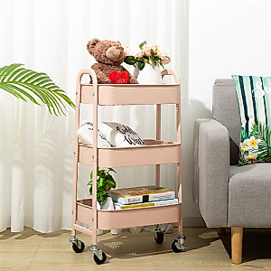AGTEK Makeup Cart, Movable Rolling Organizer Cart, 3 Tier Metal Utility Cart, Rosiness