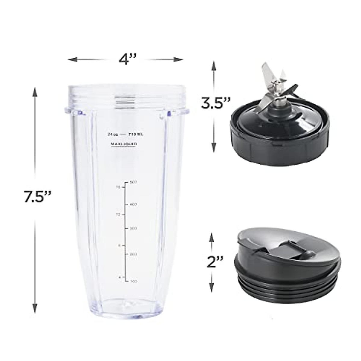 2 Replacement 24 oz Cups with Lid & Extractor Blade [7-FIN ONLY] for Ninja Blender (Auto iQ BN801 BL480-30 BL640-30 BL642-30 NN100-30 BL2012)