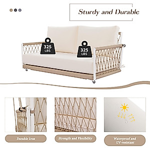 Quarte 1-Piece Woven Rope Outdoor Swing Sofa, 2-Person Porch Swing Bench with Soft Cushions, Patio Furniture for Garden, Backyard, Poolside (Beige/Rope)