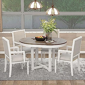 TARTOP Set 5-Piece Wooden Two-Size Round to Oval Extendable Butterfly Leaf Wood Table and 4 Upholstered Dining Chairs with Armrests for Kitchen, Dinning Room, White, Brown+White1