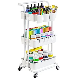 Pipishell 3-Tier Rolling Cart with Wheels - Rolling Storage Cart with Hanging Cups & Hooks - Mobile Utility Cart for Office, Kitchen, Craft Room - Art & Craft Organizer (White, PIUC06W)"