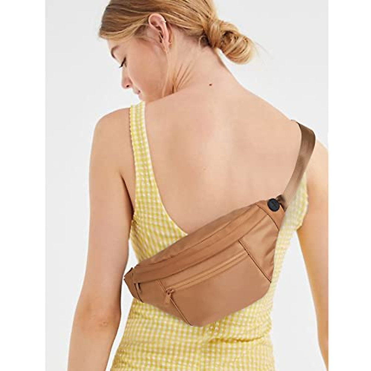 Telena Crossbody Fanny Pack for Women Men Fashion Waist Pack Belt Bag with 4-Zipper Pockets for Hiking Running Travel, Light Brown