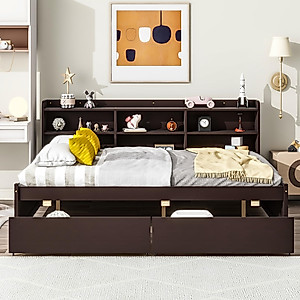 DaiNNCN Full Size Daybed with Storage Bookcases Headboard,Captains Corner L-Shaped Bed with 2 Drawers,No Box Spring Needed for Kids Boys Girls,Espresso