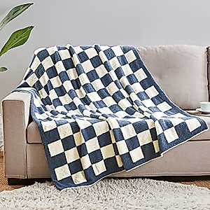 CozeCube Checkered Blanket,Ultra Soft Cozy Blue Checkered Throw Blanket Fuzzy Fleece Blanket, Warm Fluffy Microfiber Knitted Checkerboard Throw Blanket for Couch Bed Sofa Chic Home Decor,50x60 Inches