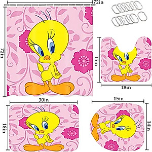 4PCS Anime Shower Curtain Set Accessories with Kawaii Bird Shower Curtains Non-Slip Rugs for Women,Toilet Lid Cover and Bath Mat 12 Hooks,Funny Cartoon Bathroom Decor,Gifts for Boys Girls 72 x 72 inch