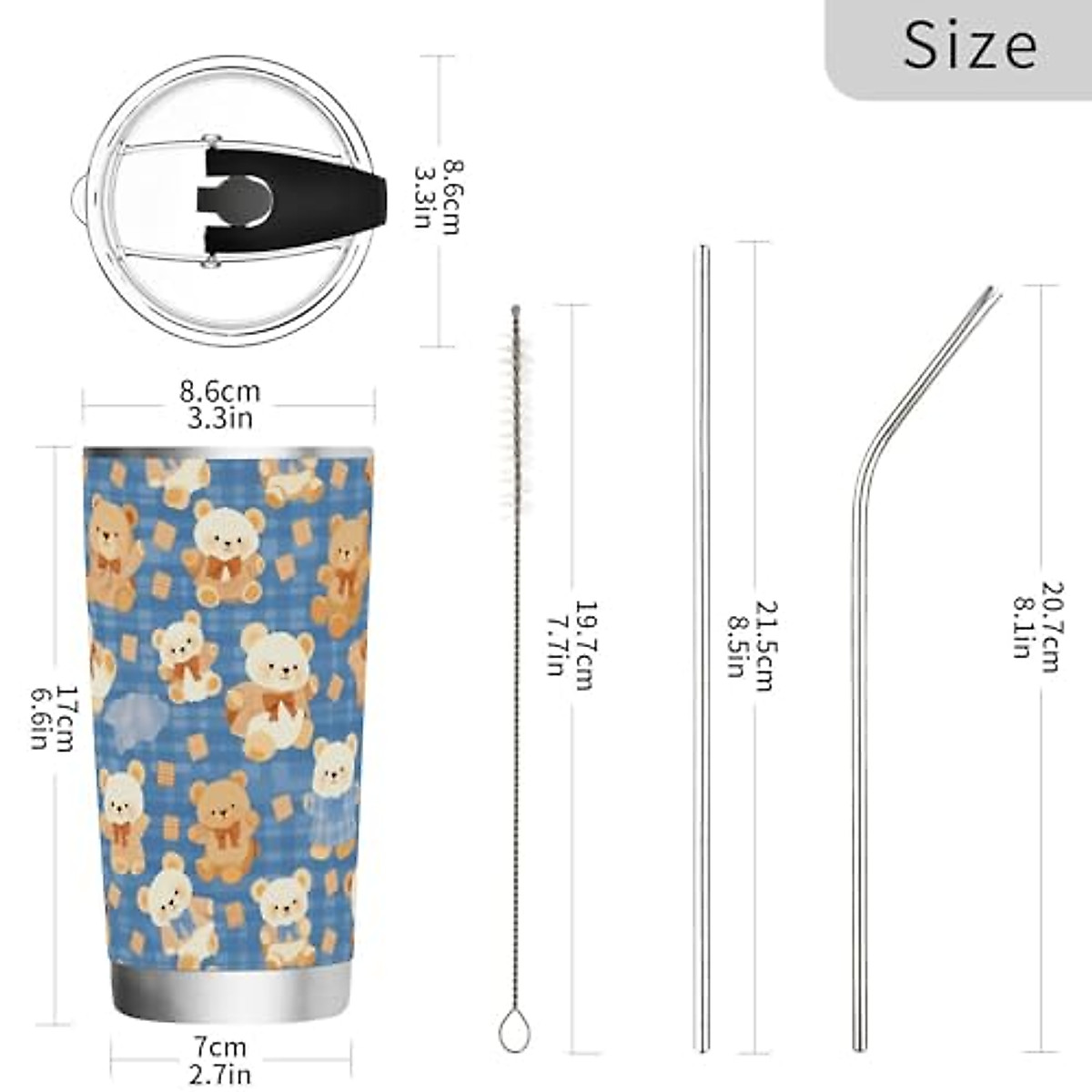 sanluoli Cartoon Bears Cute Plaids Stainless Steel coffee cup with Lid and Straw mugs for coffee for camping reusable insulated tumbler with lid 20 OZ