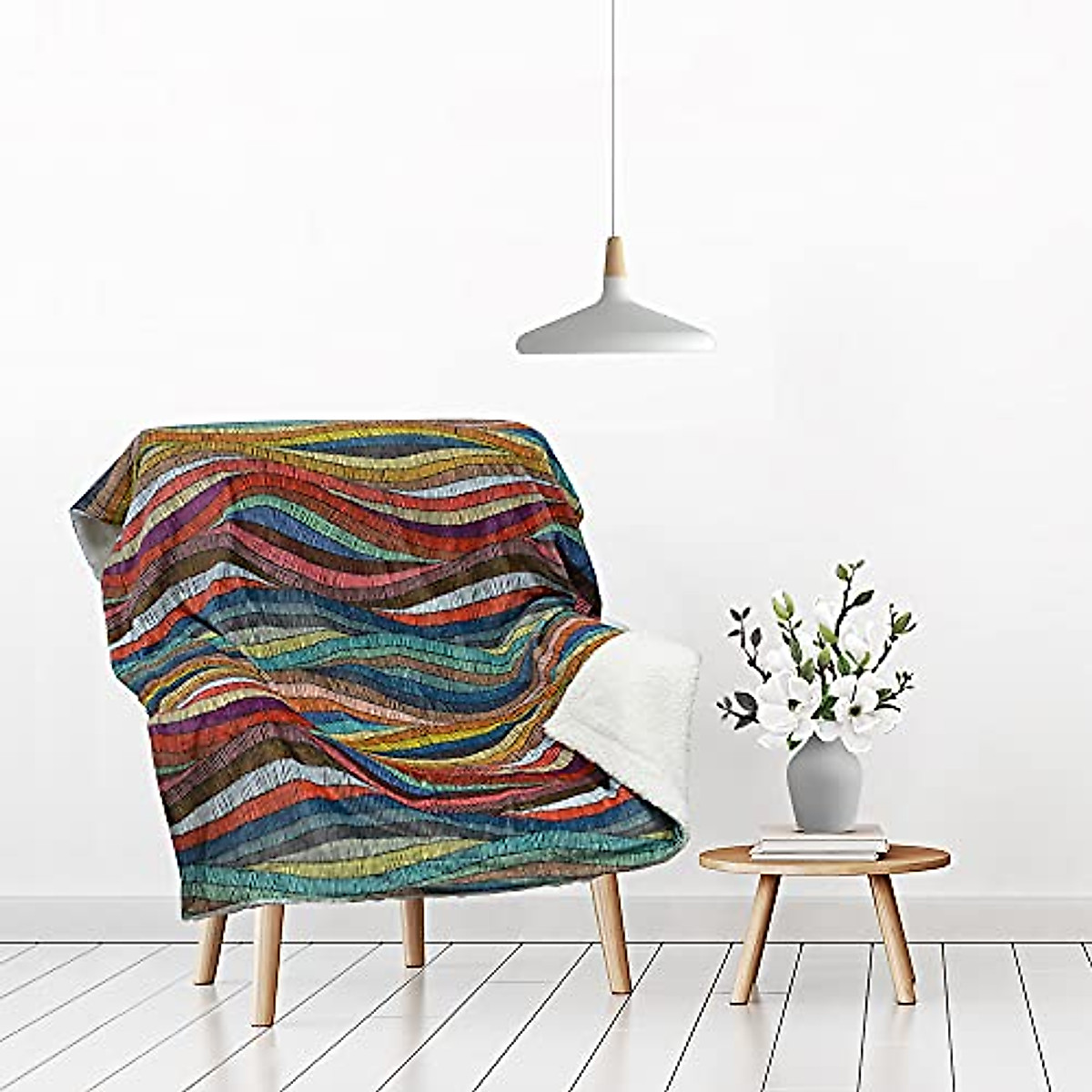 QiyI Plush Sherpa Fleece Throw, Soft Fuzzy Velvet Warm Winter Blanket for Kids Adults, Luxury Microfiber Flannel Thick Blanket for Sofa Couch Bed, 50 x 60 Inches, Wavy Bohemian Print