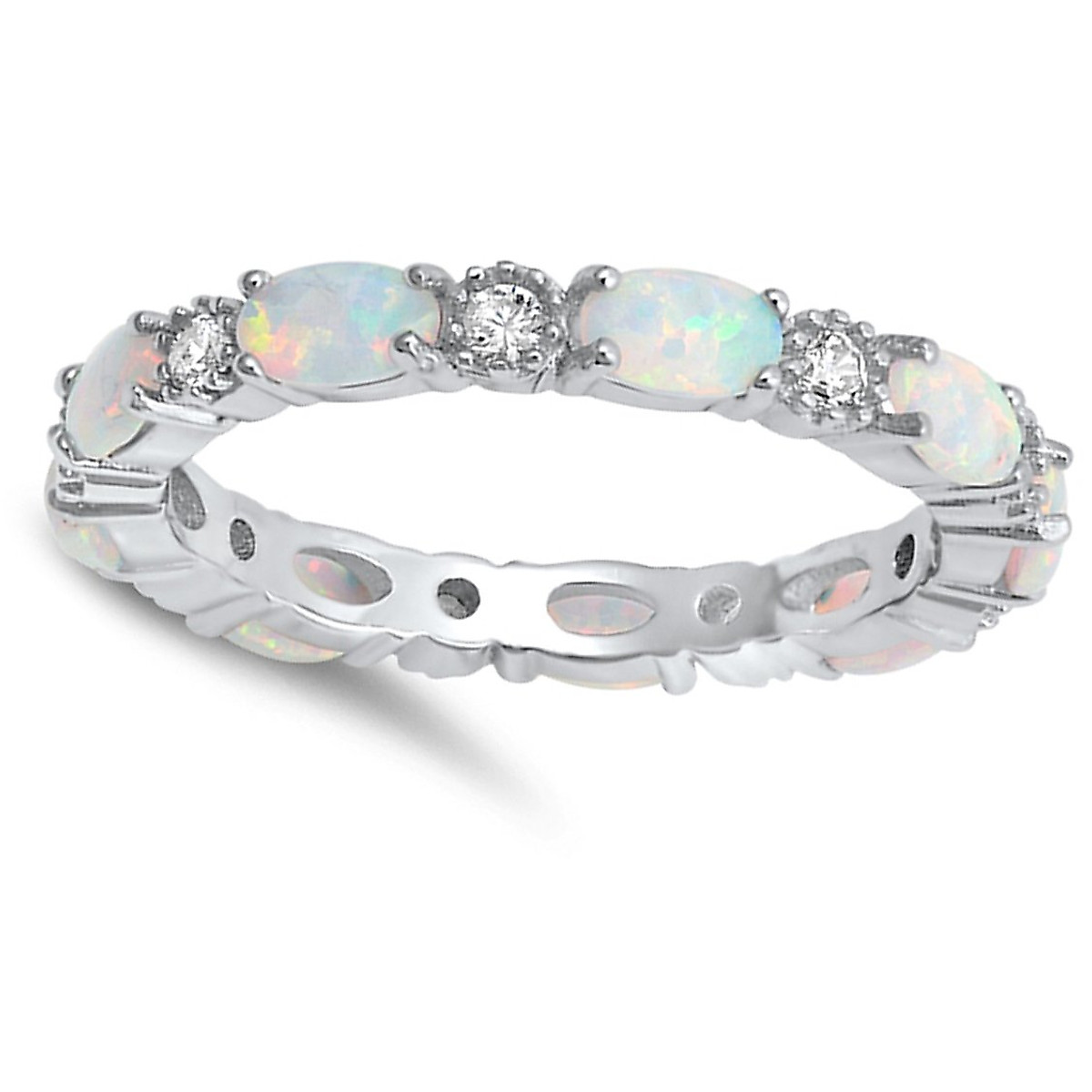 Clear CZ Oval White Simulated Opal Ring Sterling Silver Stackable Love Band Size 9