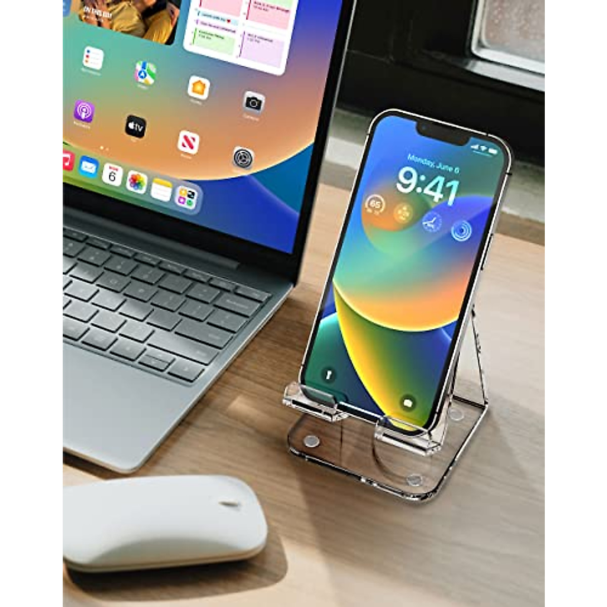 TOPGO Acrylic Cell Phone Stand, Clear Phone Holder for Desk, Office Desktop, Bedside Table, Compatible with iPhone 14/Samsung/Smartphones/iPad Mini