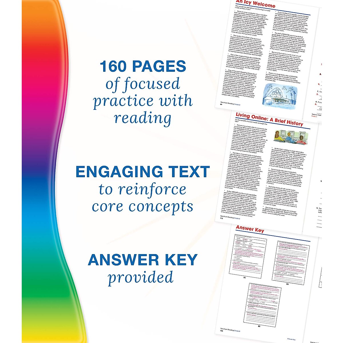 Spectrum Reading Comprehension Grade 8, Ages 13 to 14, 8th Grade Workbooks, Nonfiction and Fiction Passages, Analyzing and Summarizing Story Structure Using Context Clues and Citations - 160 Pages