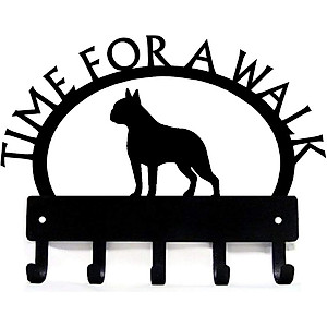 The Metal Peddler Boston Terrier Time for a Walk Dog Leash Hanger & Key Holder - Made in USA; Wall Mounted Holder