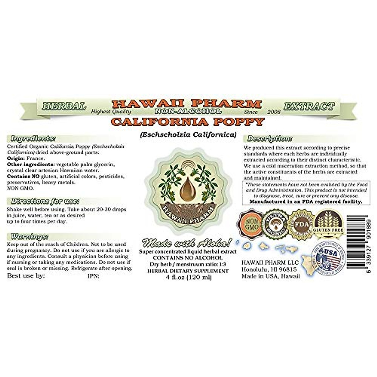 HawaiiPharm California Poppy Alcohol-Free Liquid Extract, Nervous System Calming and Support. Glycerite 2 fl.oz