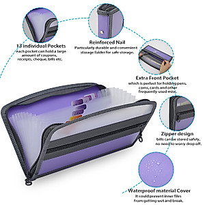 NAFY Small Accordion File Organizer, A5 Check Size 13 Pockets Coupon Receipt Holder Organizer with Zipper, 11X7 Inches Accordion Expanding Folder Wallet for Coupon, Receipt, Bills, Cash(Lavender)